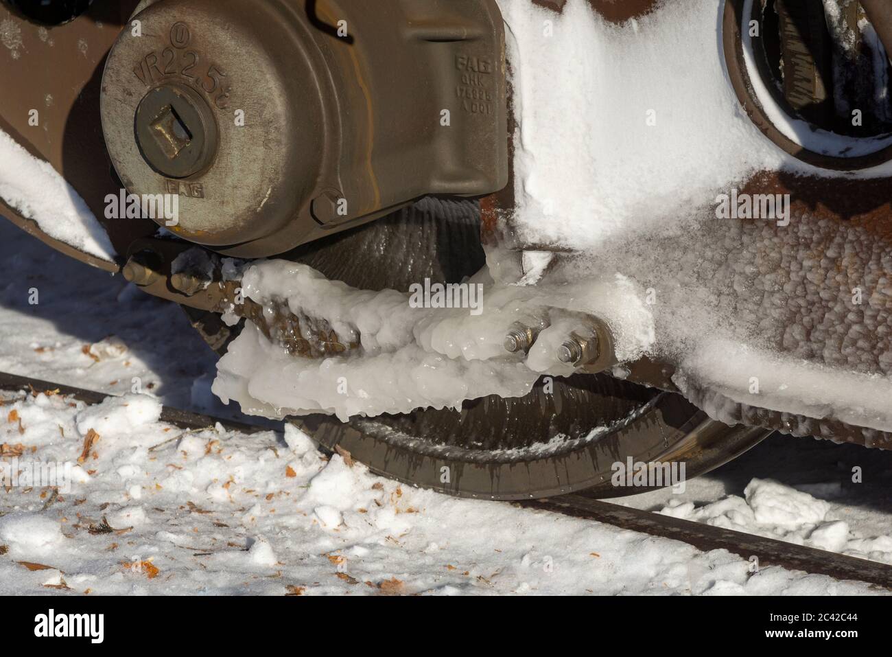Frozen ice and snow on train wheel at Winter , Finland Stock Photo - Alamy