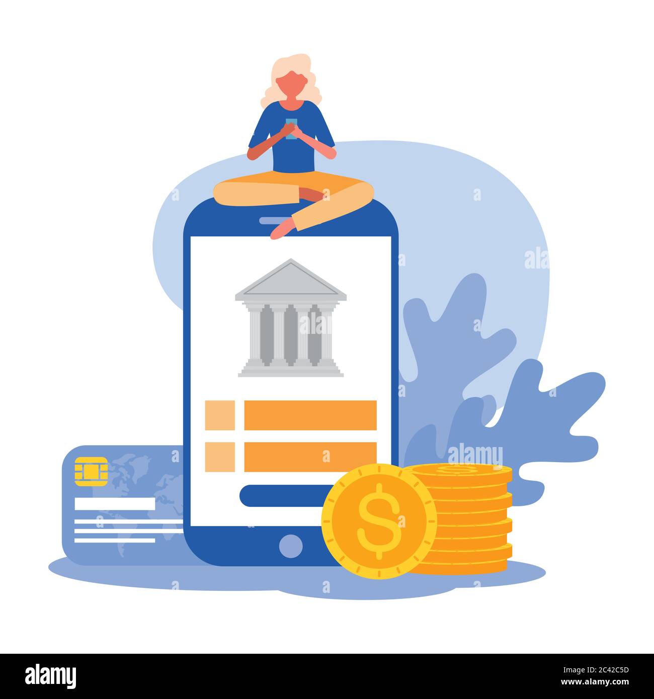 woman avatar with smartphone and bank of Online payments money and ...