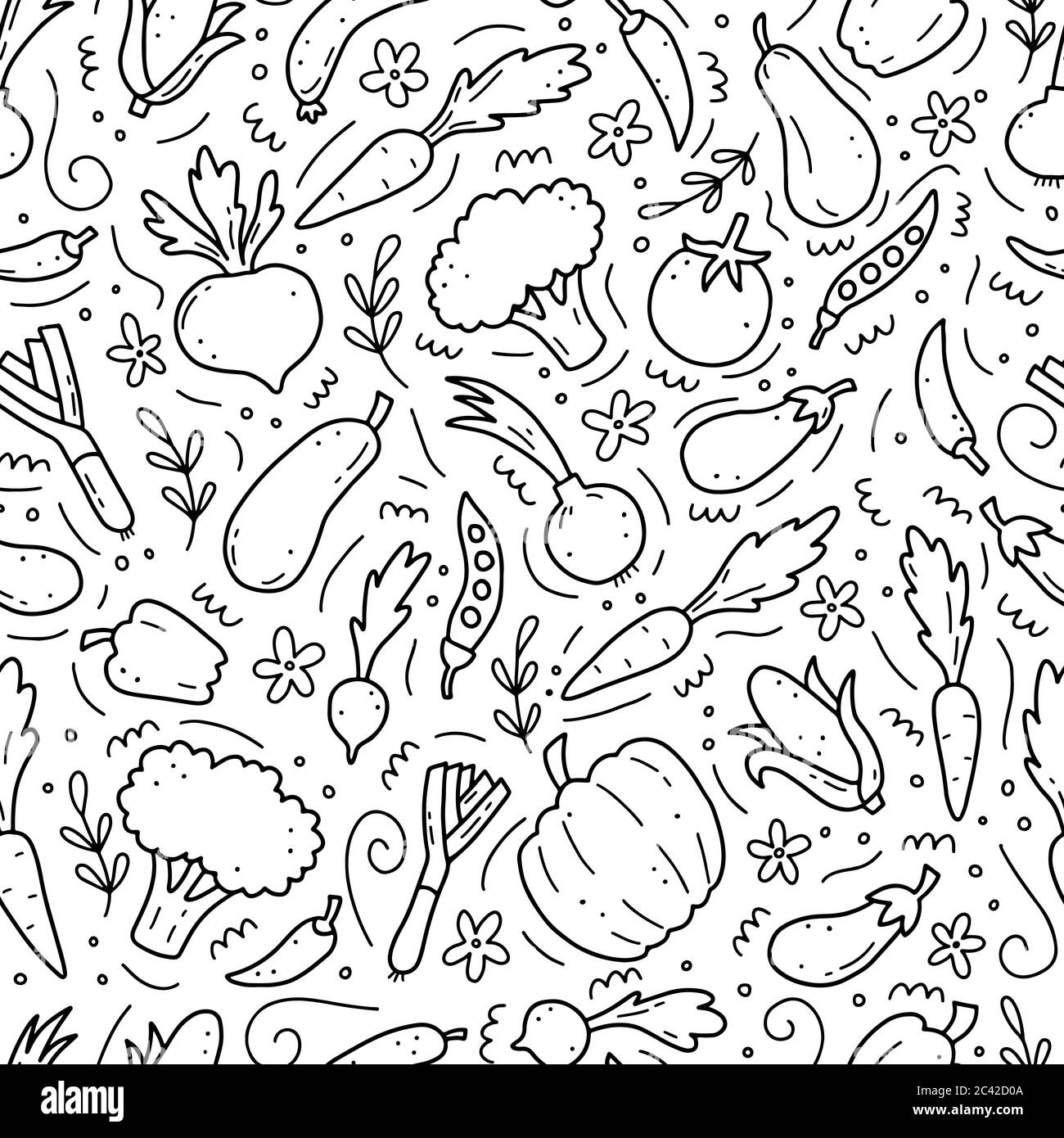Hand drawn seamless pattern of vegetable elements, carrot, salad ...