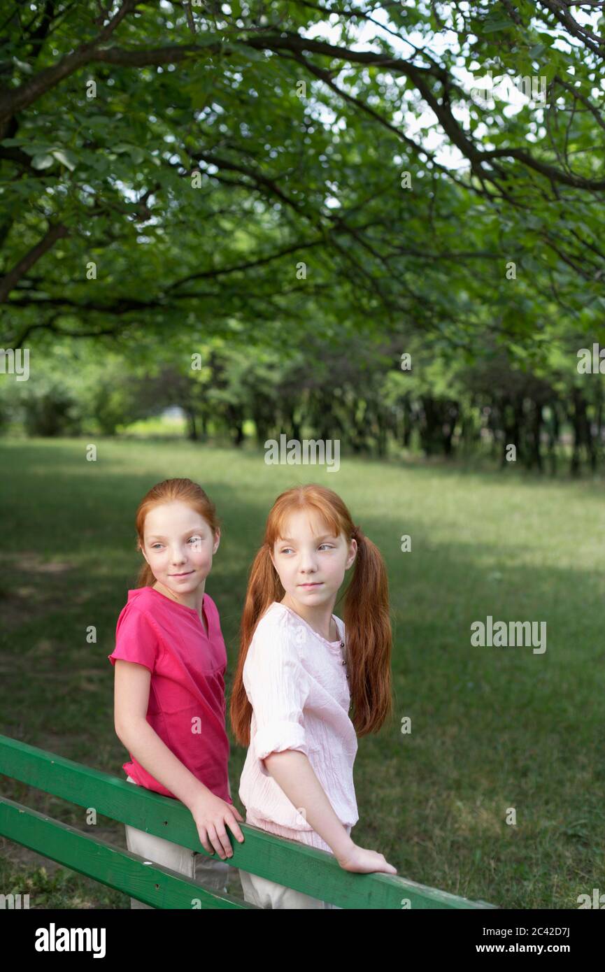 Twins behind the bench Stock Photo - Alamy