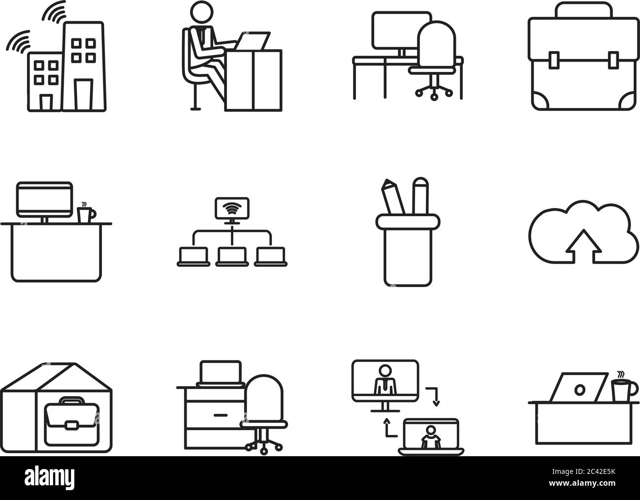 computers and work icon set over white background, line style, vector ...