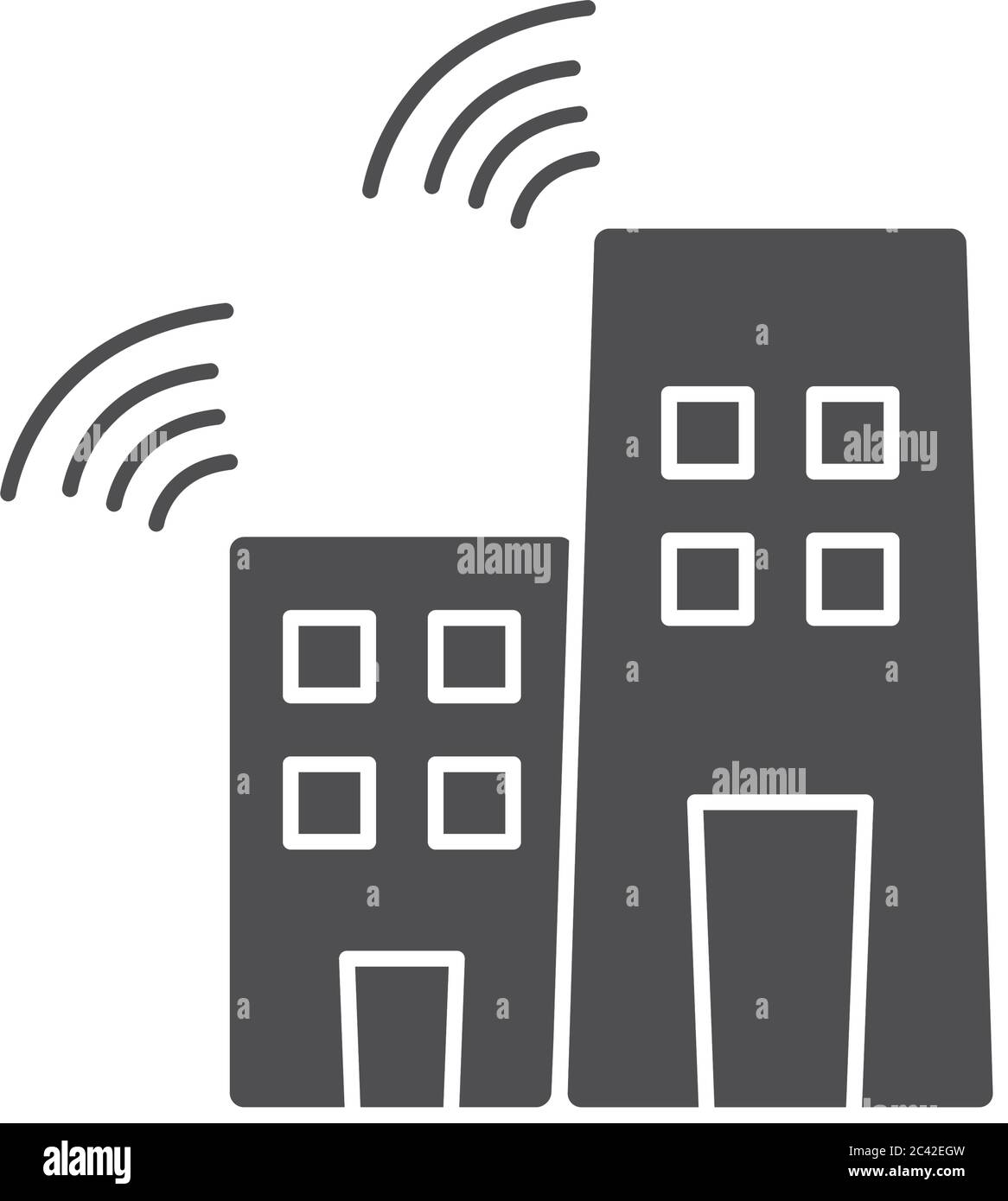 buildings with wifi signals icon over white background, silhouette ...