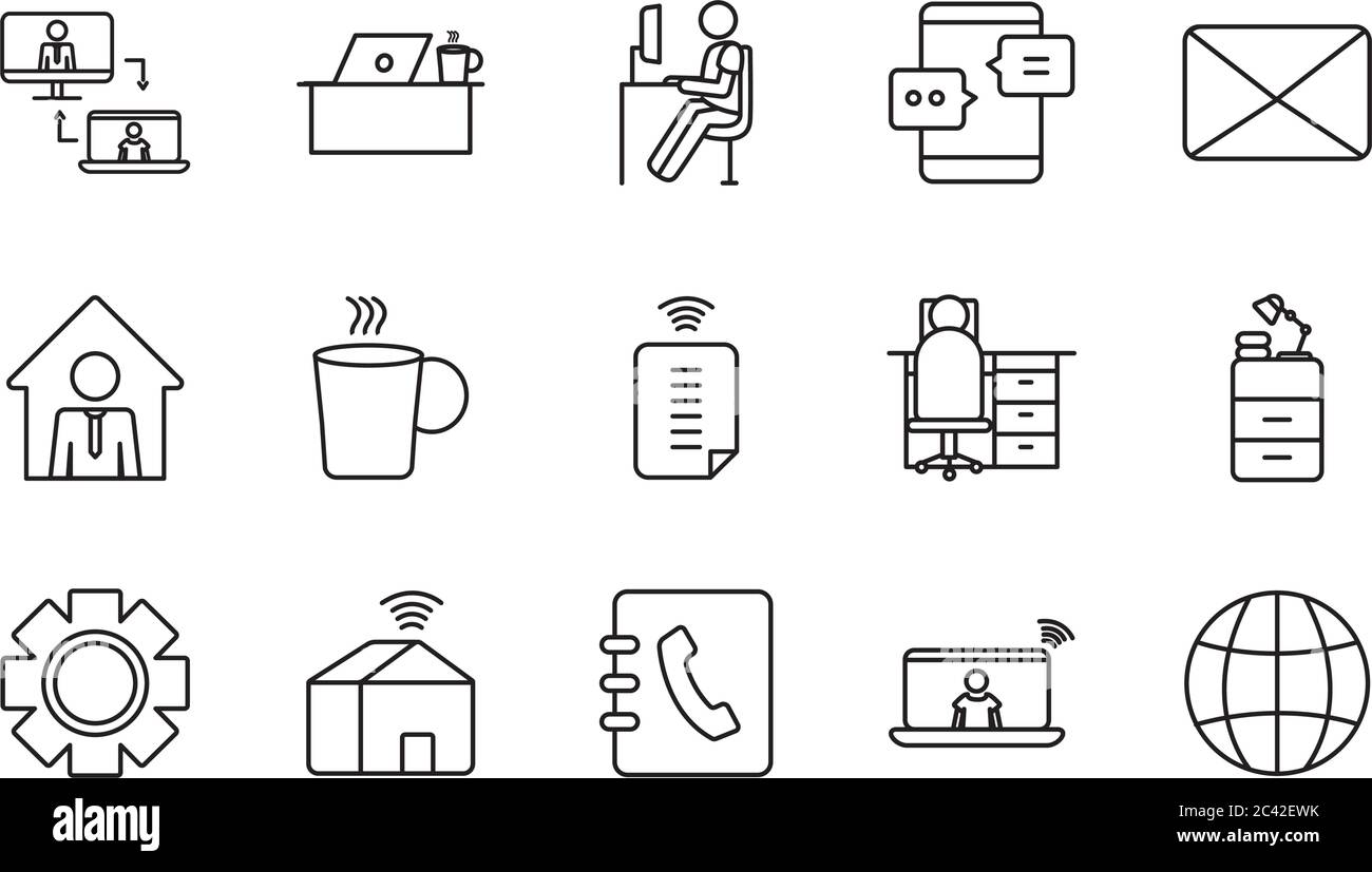 envelope, work and technology icon set over white background, line ...