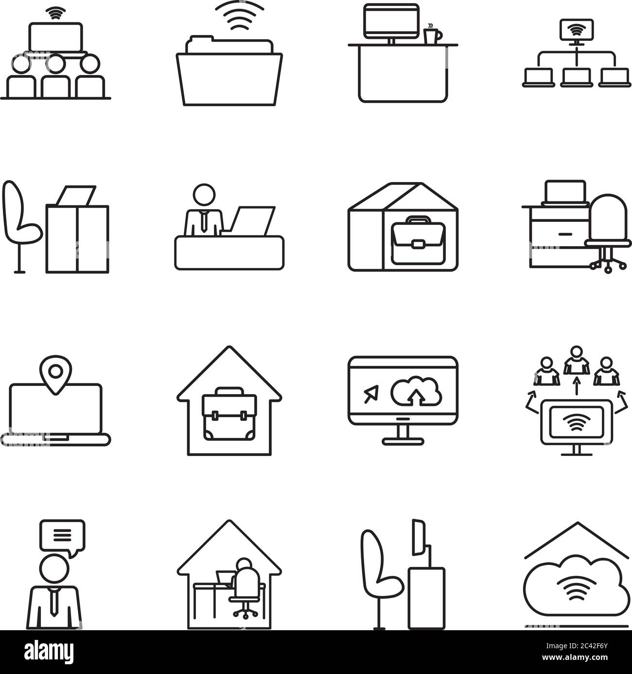 office desks and work icon set over white background, line style ...
