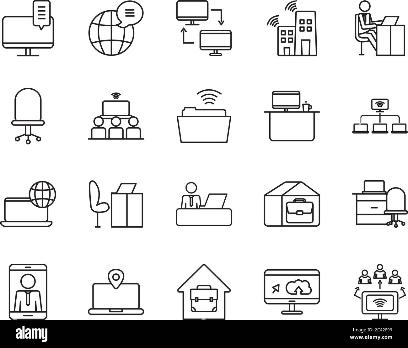 global sphere and work icon set over white background, line style ...