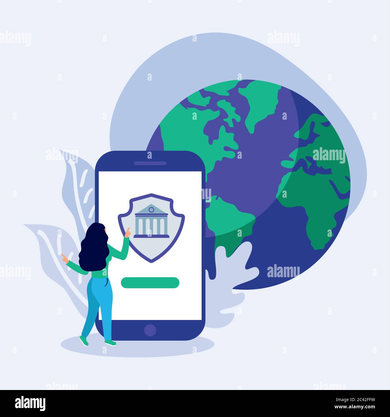 woman avatar with smartphone and bank of Online payments money and ...