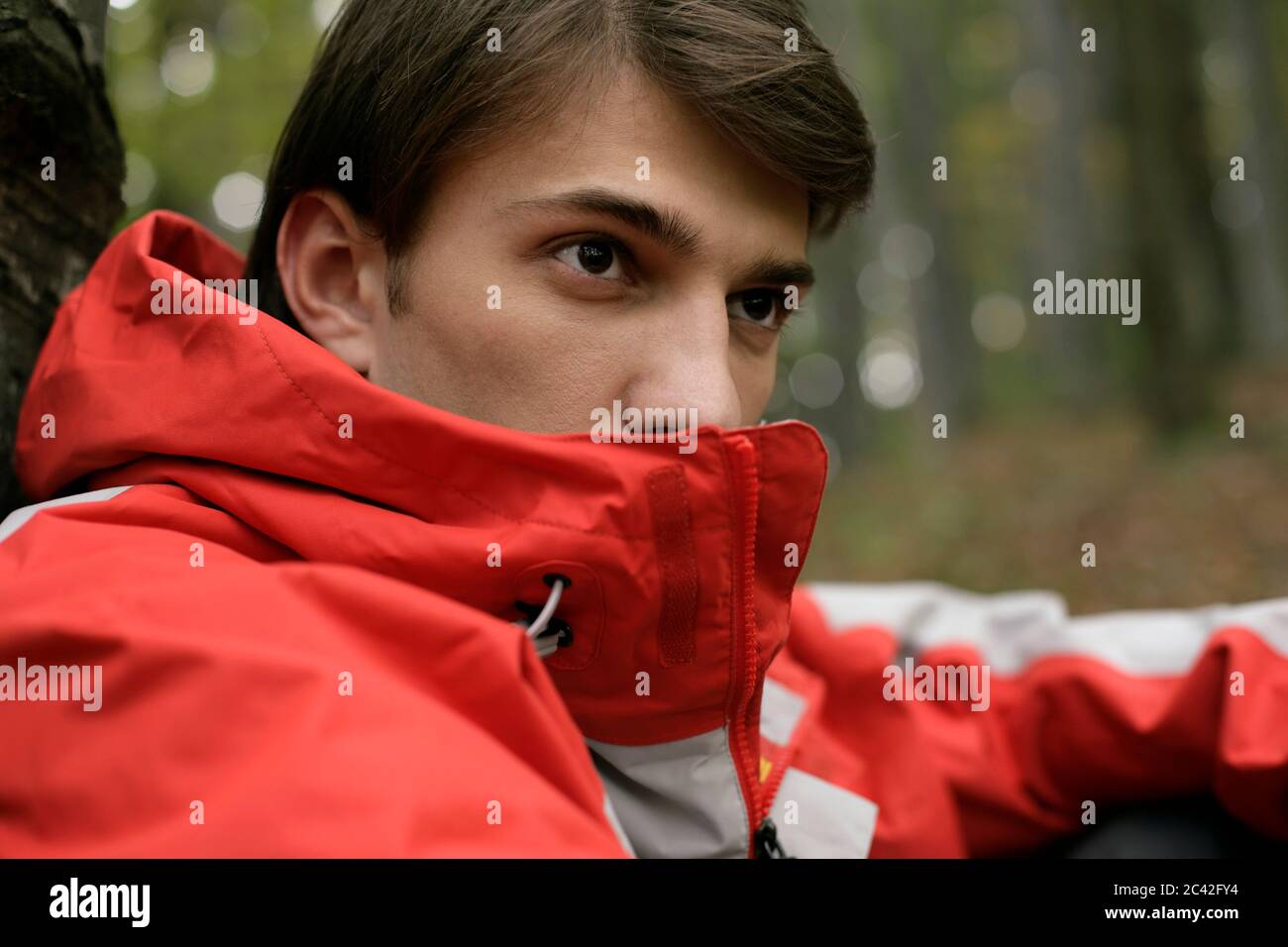 Man sits leaning against tree in forest Stock Photo - Alamy