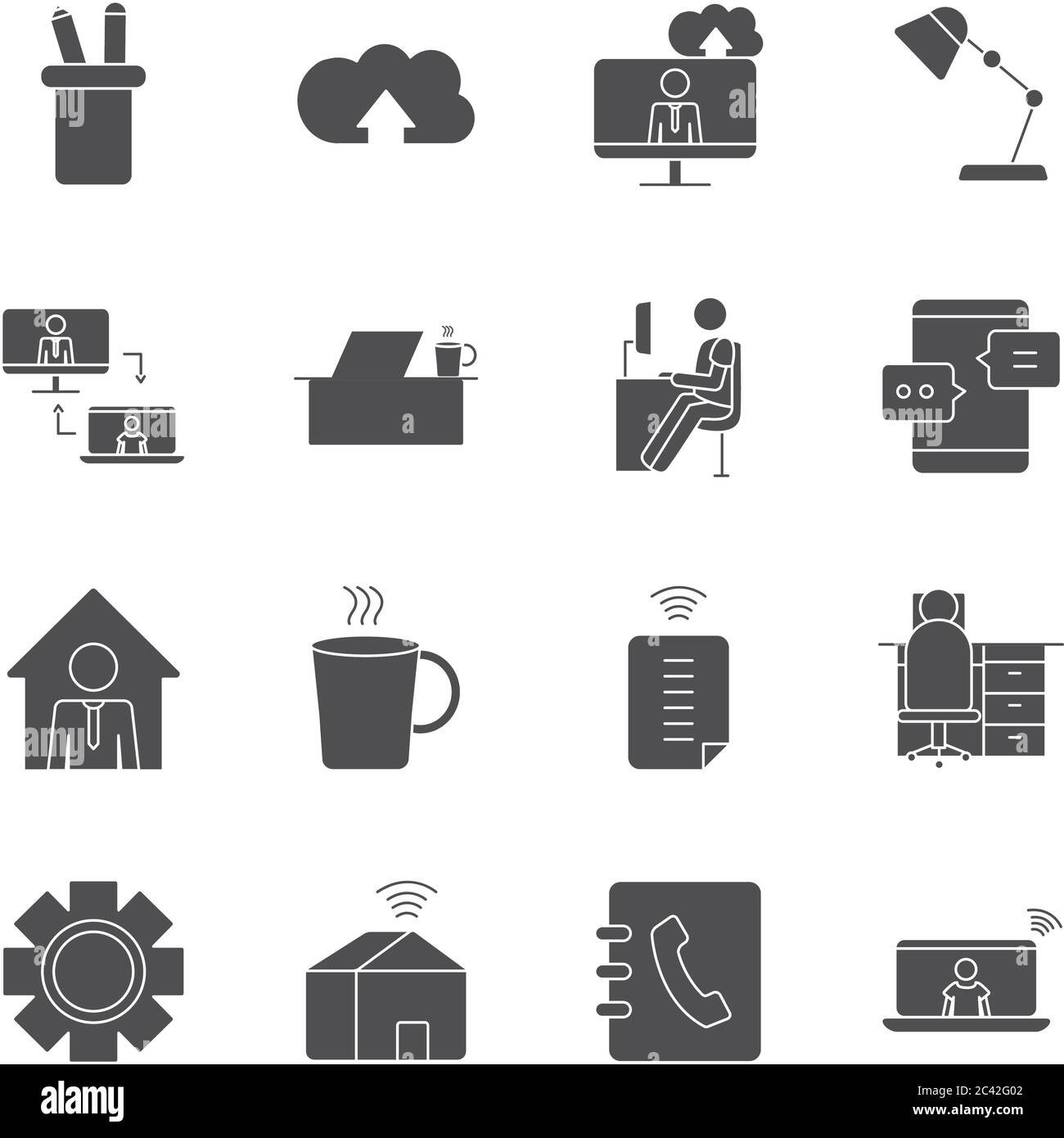 office desks, work and technology icon set over white background ...