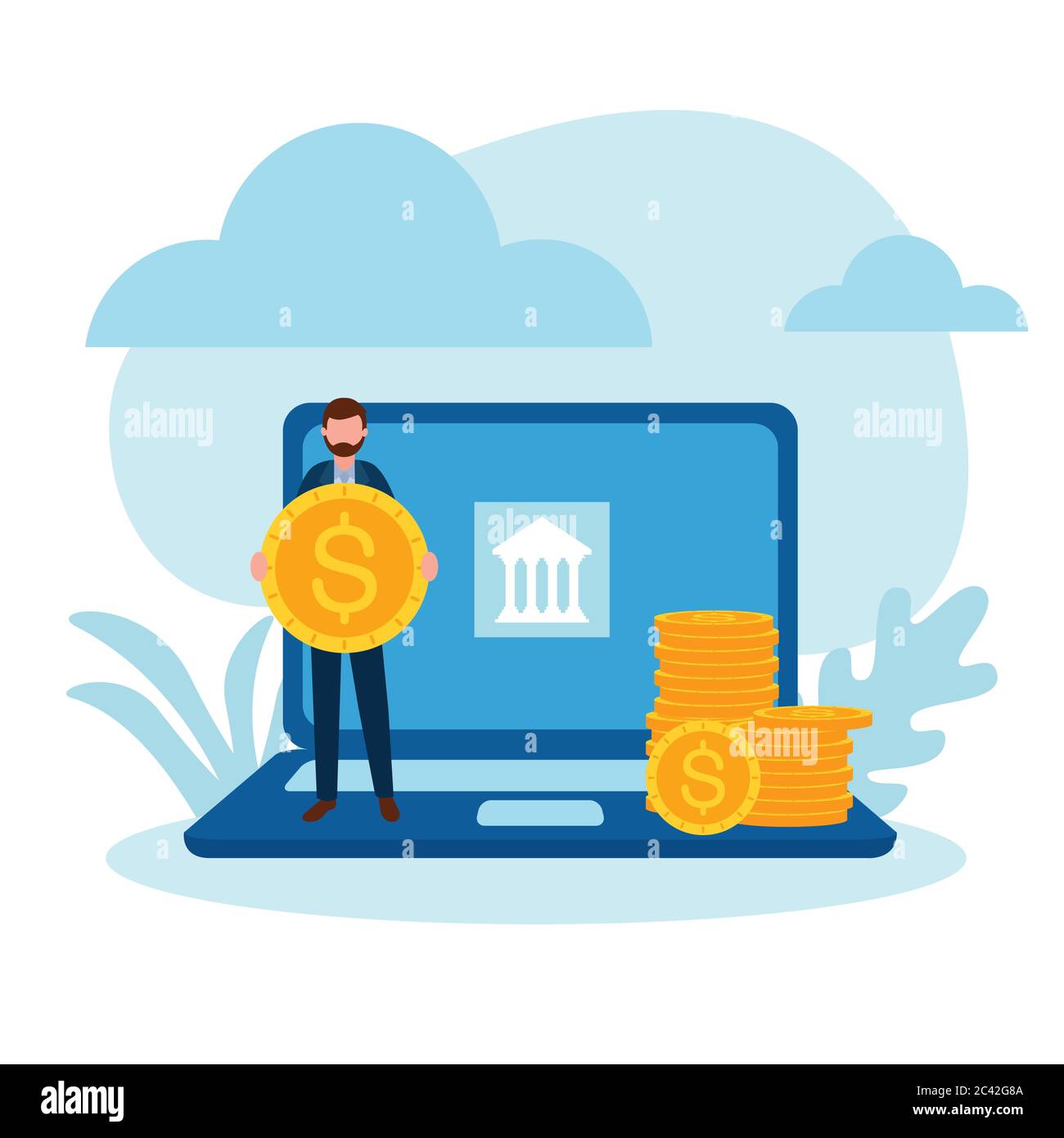 man avatar with laptop bank and coins of Online payments money and ...