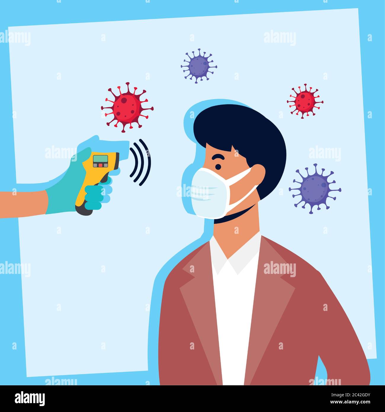 check temperature with laser thermometer to male patient vector ...