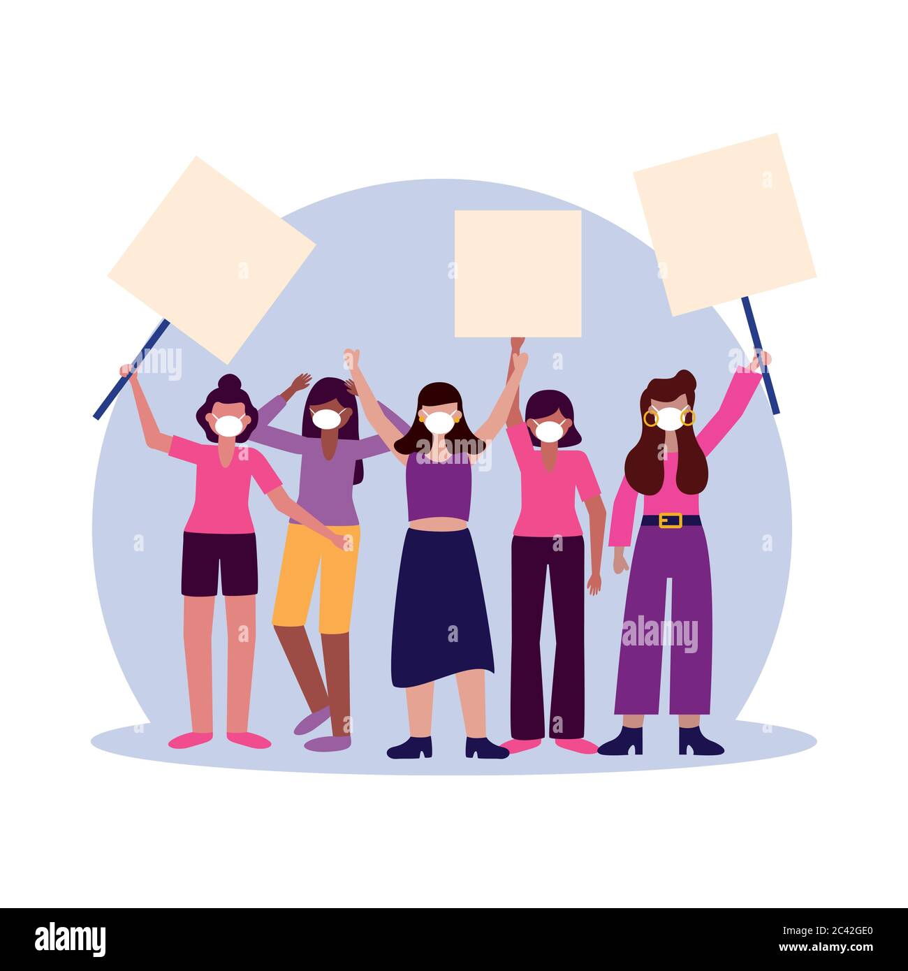 Women with medical masks and banners boards design, Manifestation ...