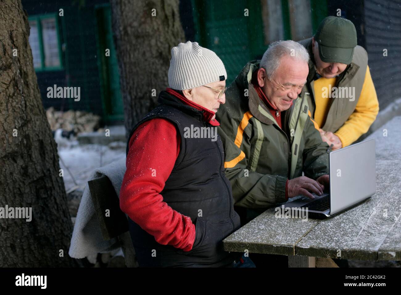 Three old men are working on a computer Stock Photo - Alamy