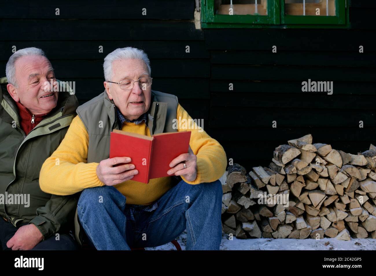 Two old men read a book Stock Photo - Alamy