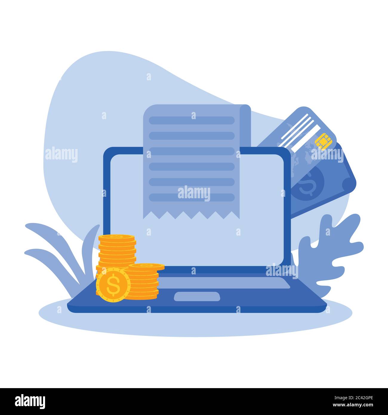 laptop credit card bill receipt paper and coins of Online payments ...