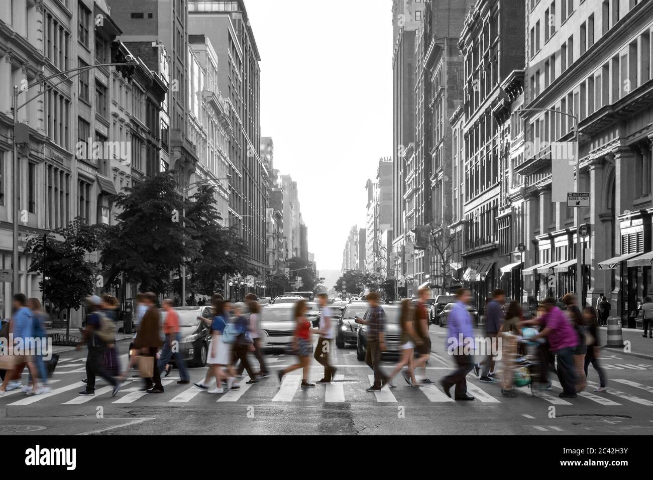 Colorful people walking across a busy intersection in a black and white ...
