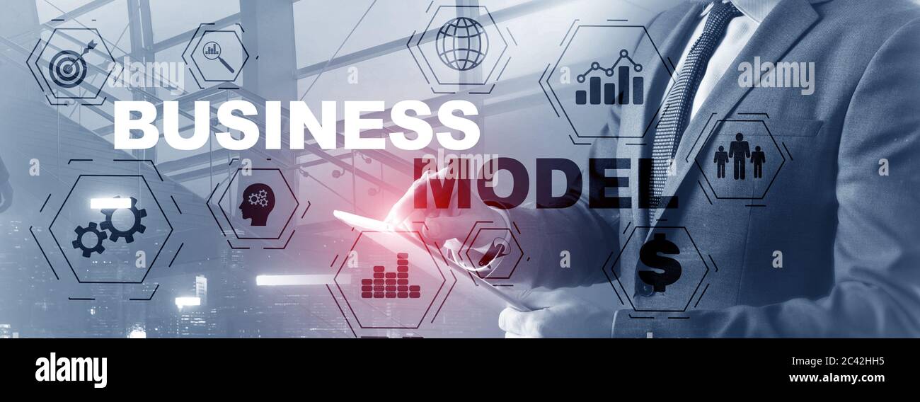 Business Model Concept. Abstract background with keywords and icons ...
