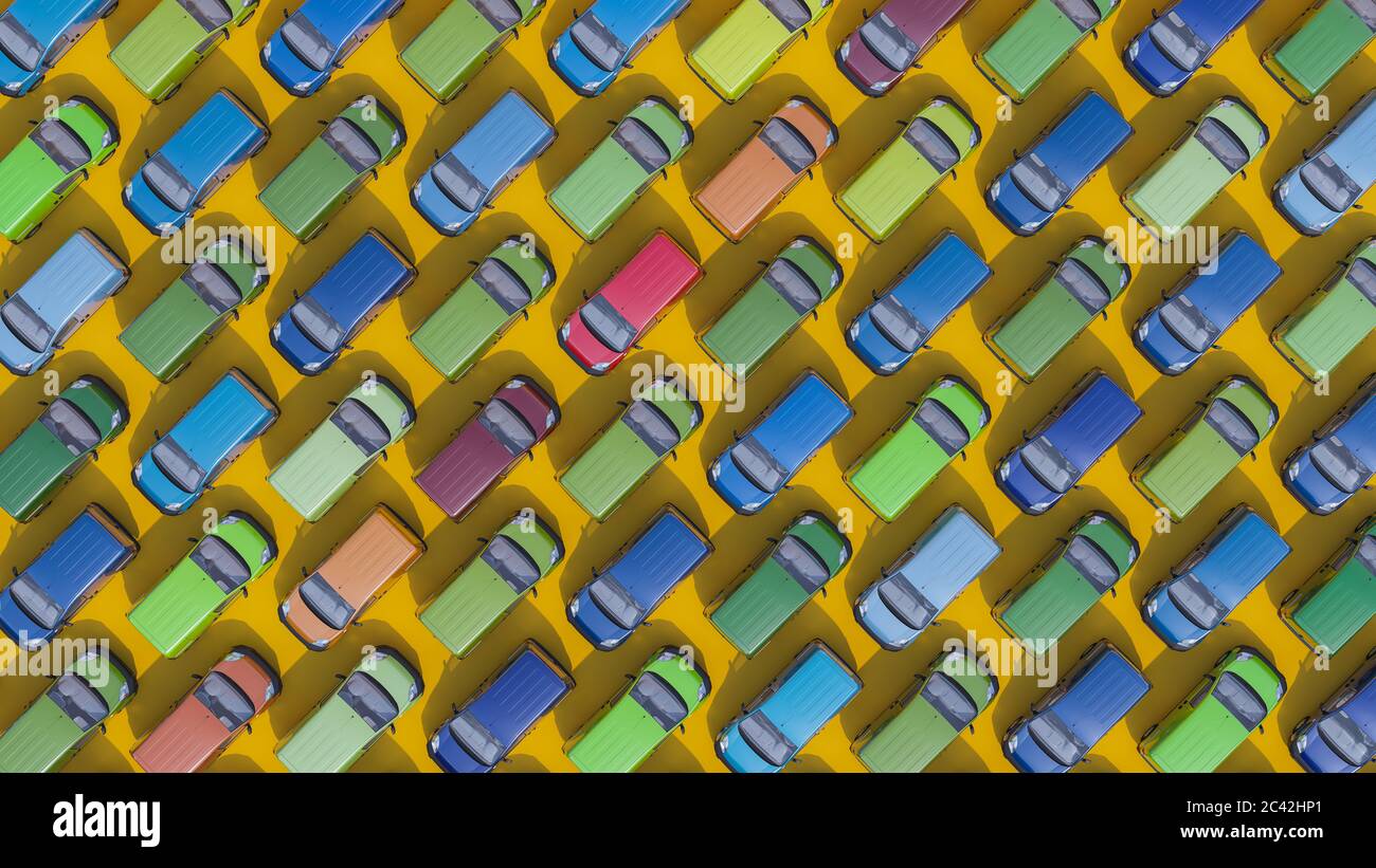Top View of Lined Up Mini Vans 3D Rendering Stock Photo - Alamy
