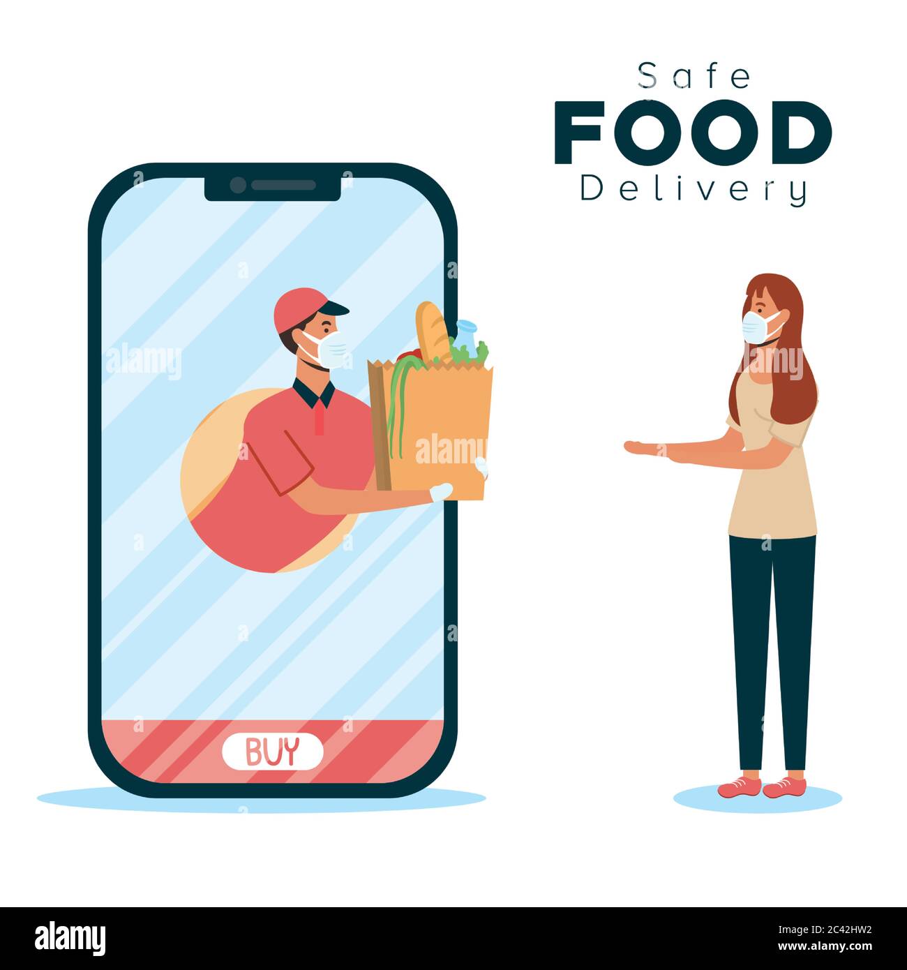 safe food delivery worker with groceries bag and client in smartphone ...