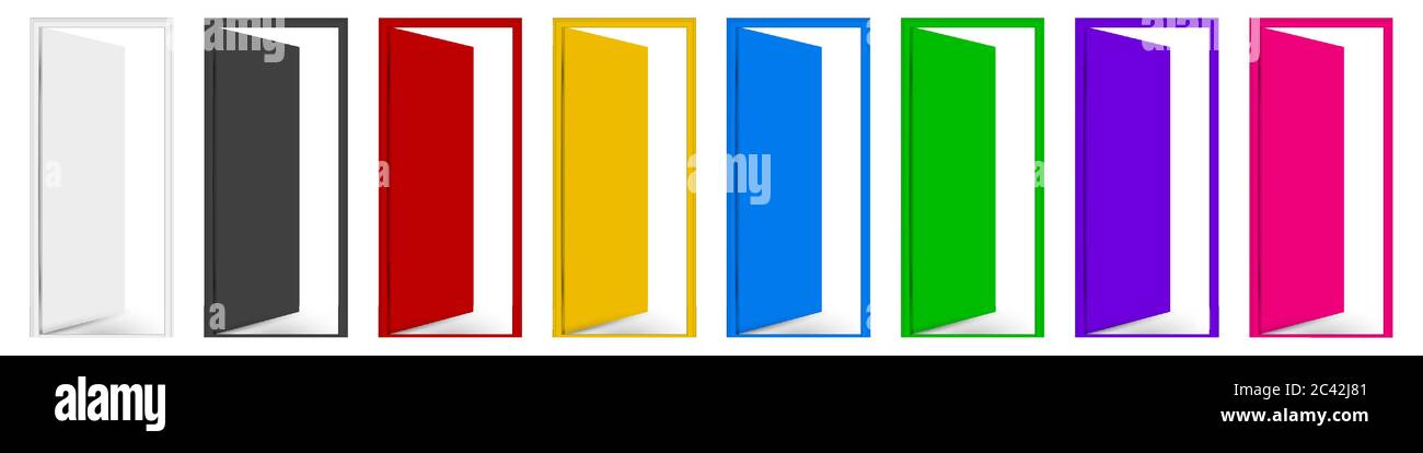 Open doors of different colors. Vector set. Multicolored doors with ...