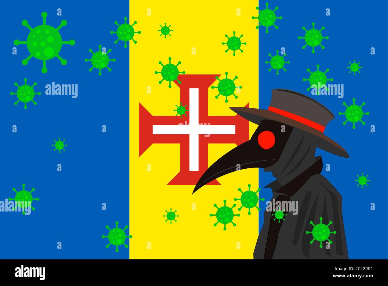 Black plague doctor surrounded by viruses with copy space with MADEIRA ...