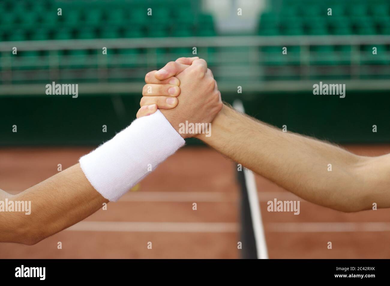 Two young men shake hands - match stadium Stock Photo - Alamy