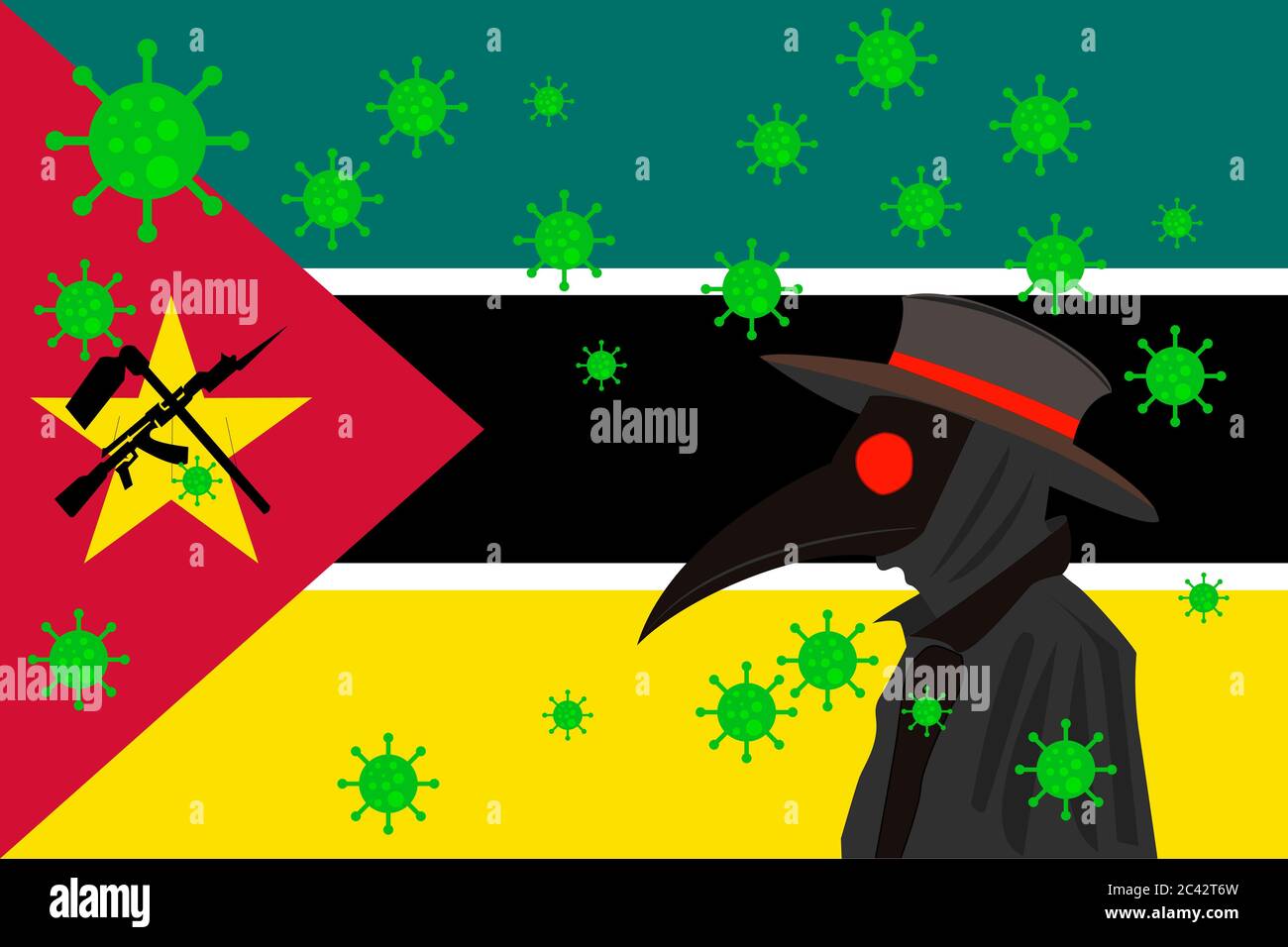 Black plague doctor surrounded by viruses with copy space with ...
