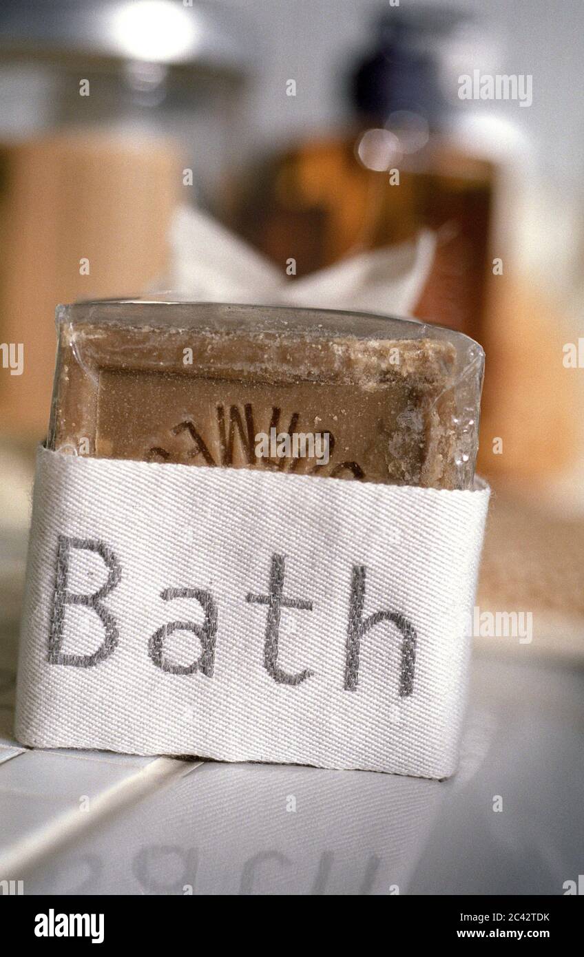 Soap labeled Bath - bathroom (detail Stock Photo - Alamy