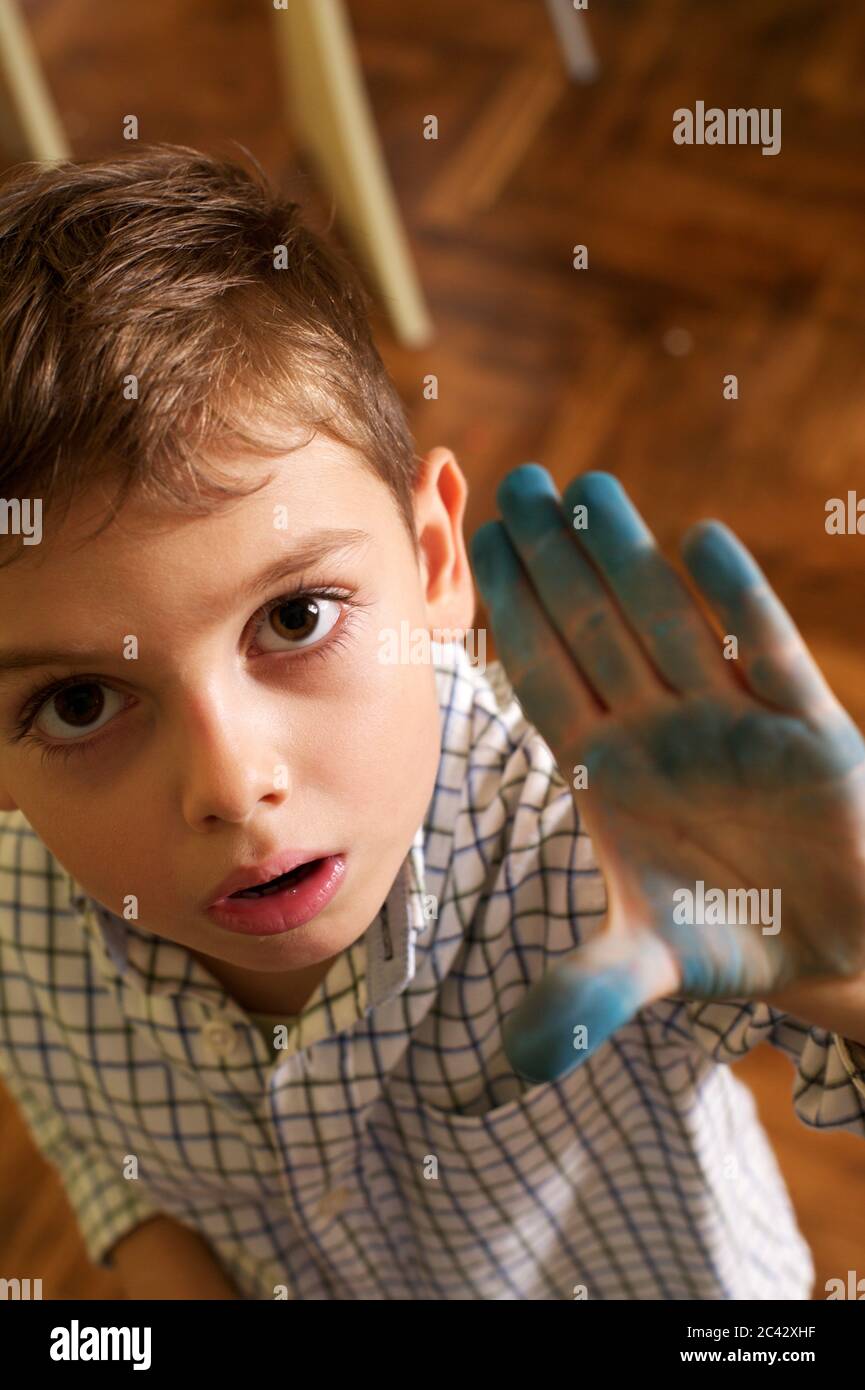 Little boy shows his smeared hand - preschool - childhood Stock Photo ...