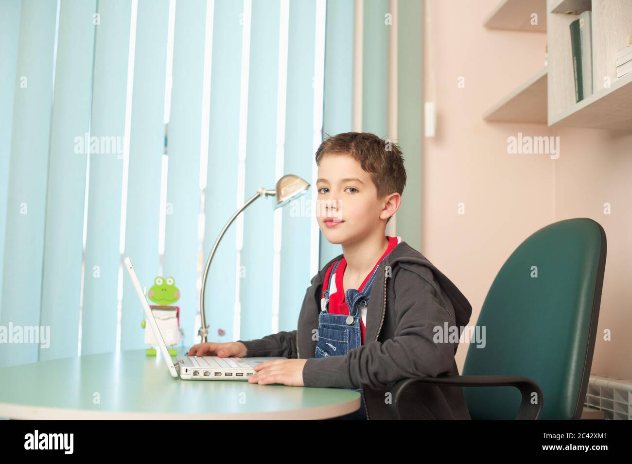 Boy sits at the desk with a laptop - childhood - technology Stock Photo ...