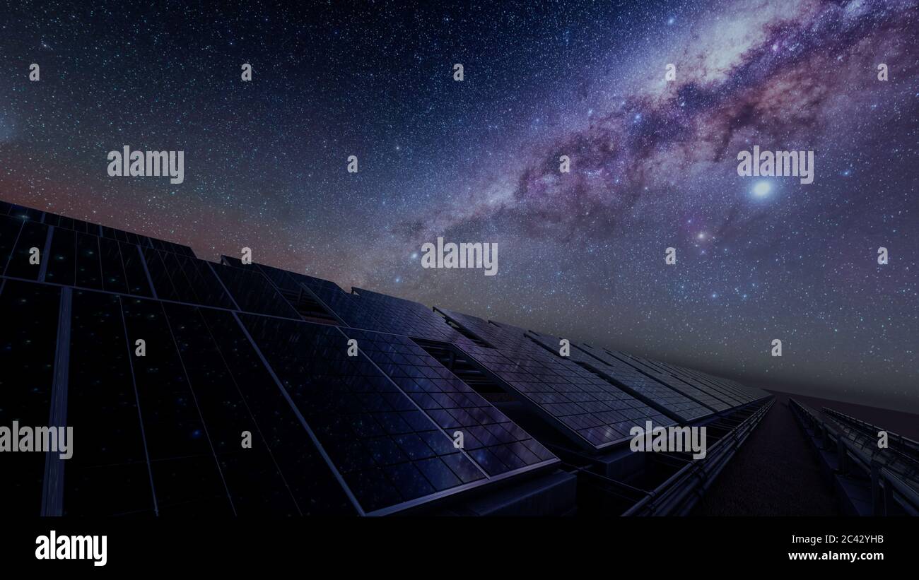 Solar Panels Field at Dawn 3D Rendering Stock Photo - Alamy
