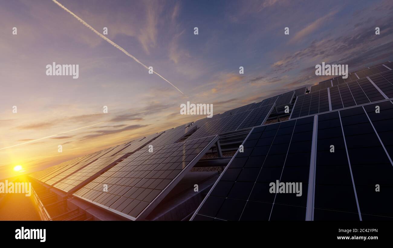 Solar Panels Field at Dawn 3D Rendering Stock Photo - Alamy