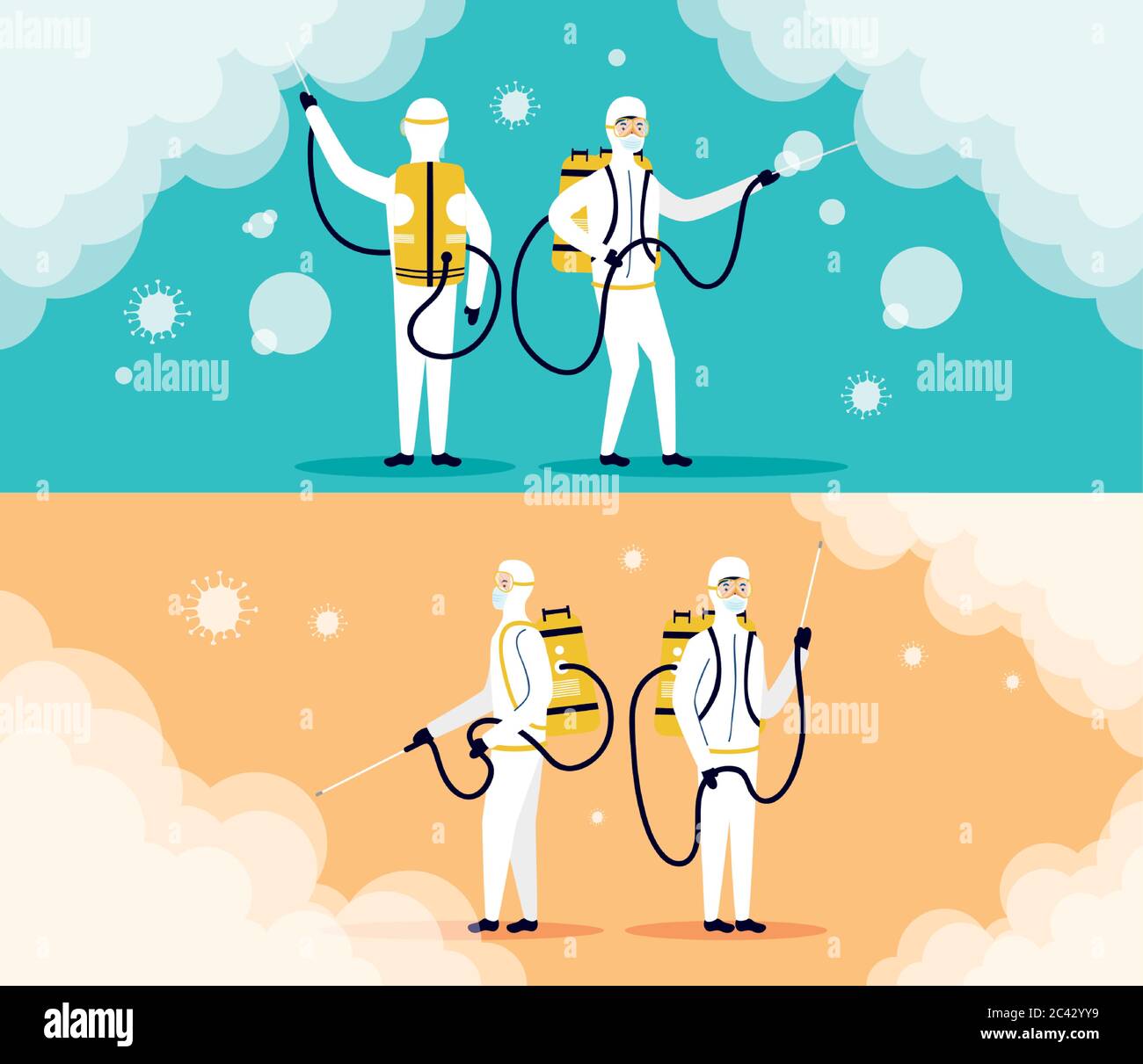 biosafety workers with sprayers disinfect vector illustration design ...