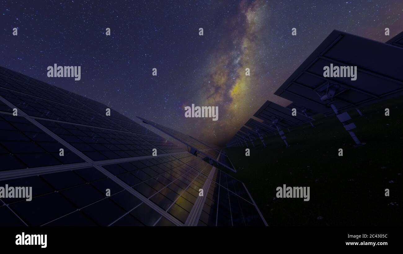 Solar Panels Field at Dawn 3D Rendering Stock Photo - Alamy