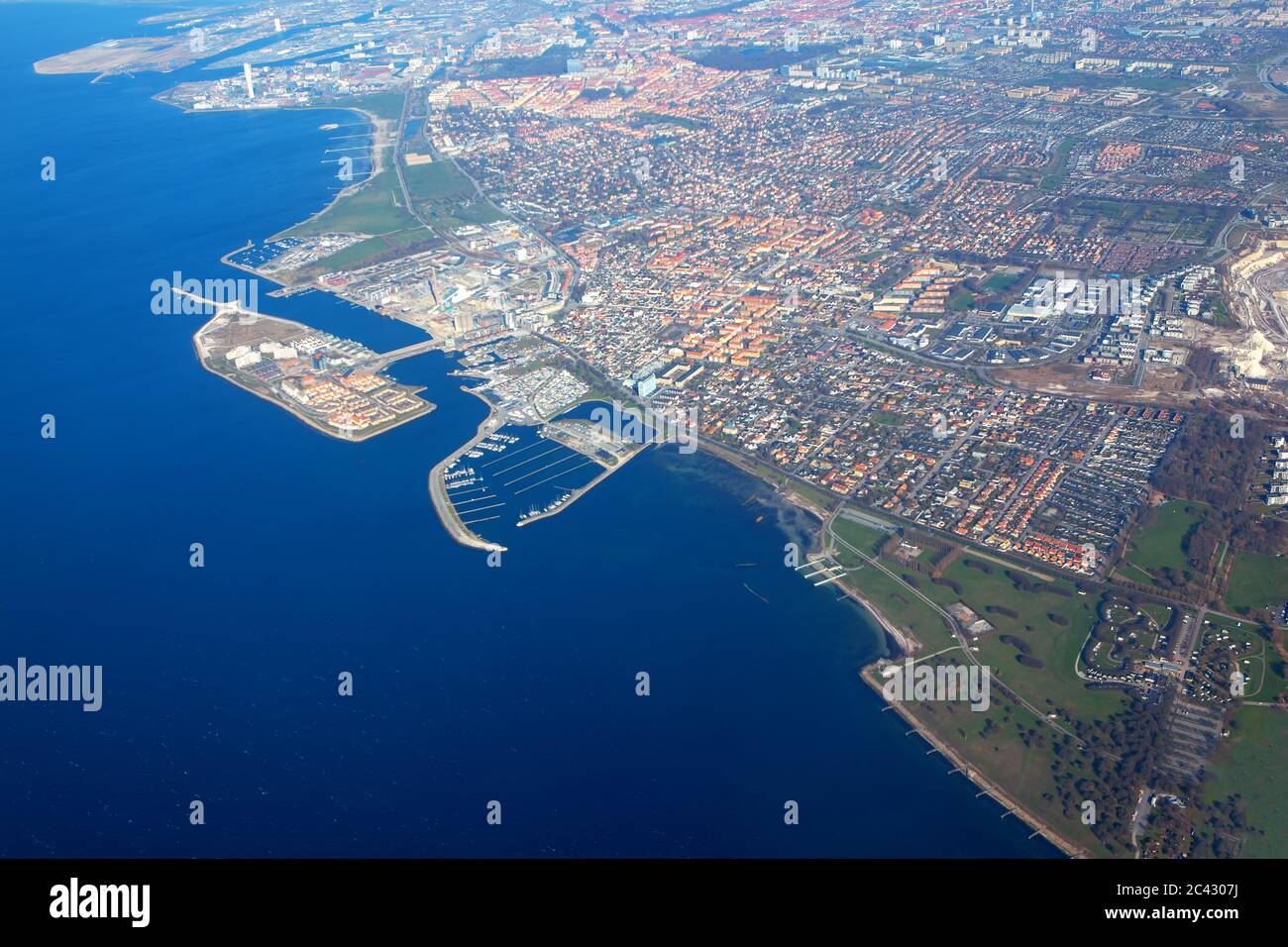 Aerial view of Malmo city and harbour in Sweden .Oresund coastal ...