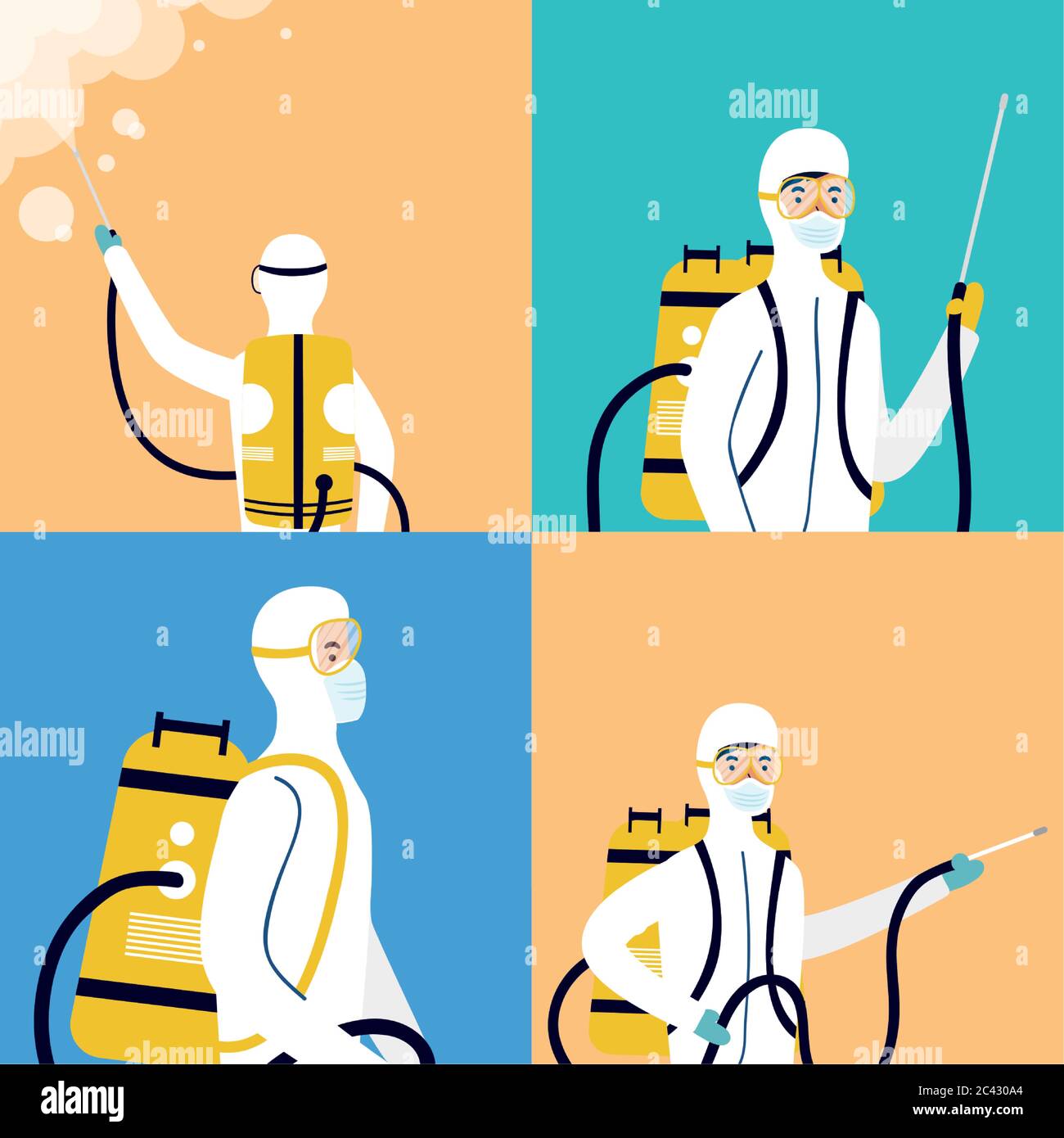 biosafety workers with sprayers disinfect vector illustration design ...