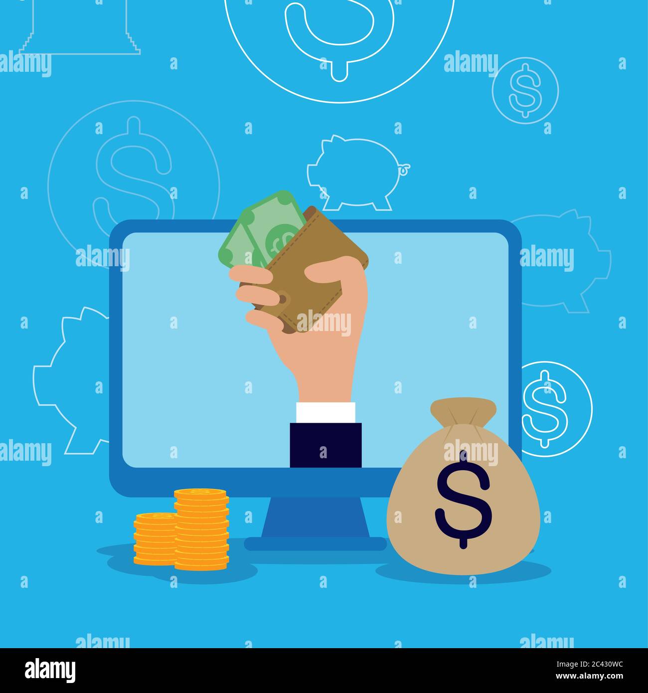 computer and hand holding wallet with bills of Online payments money ...