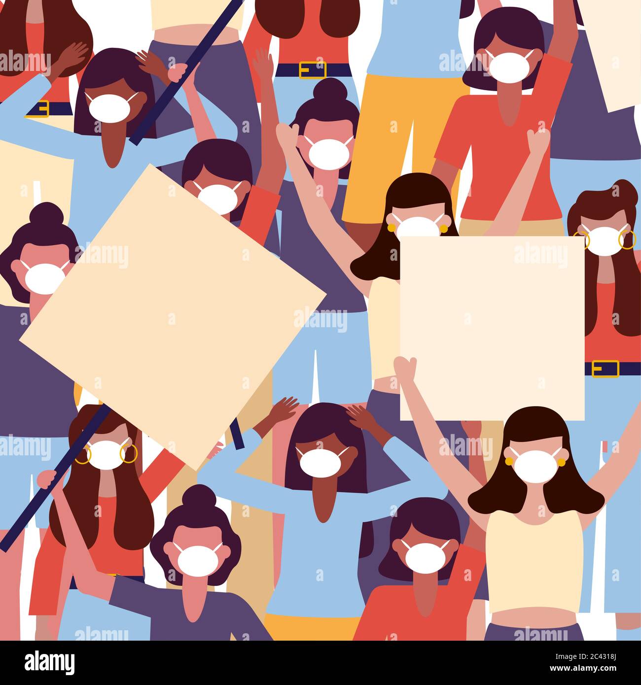 women with medical masks and banners boards background design ...