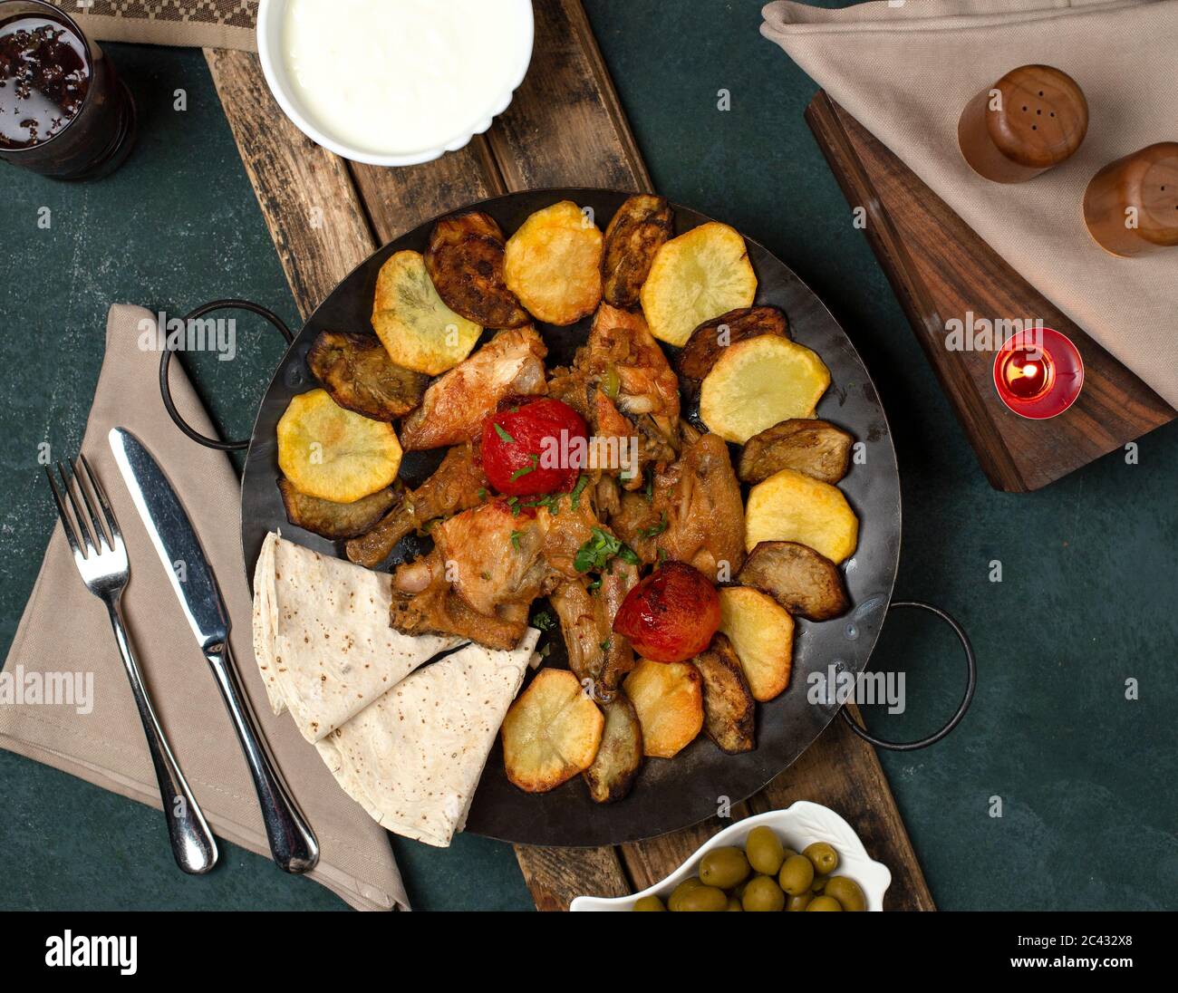 Caucasian sac ichi with meat and potatoes. top view Stock Photo - Alamy