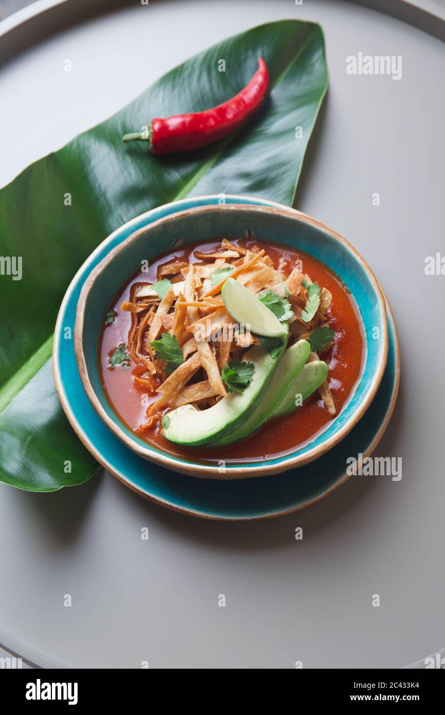 Aztec soup. Top view of mexican fried tortilla soup Sopa Azteca Stock ...