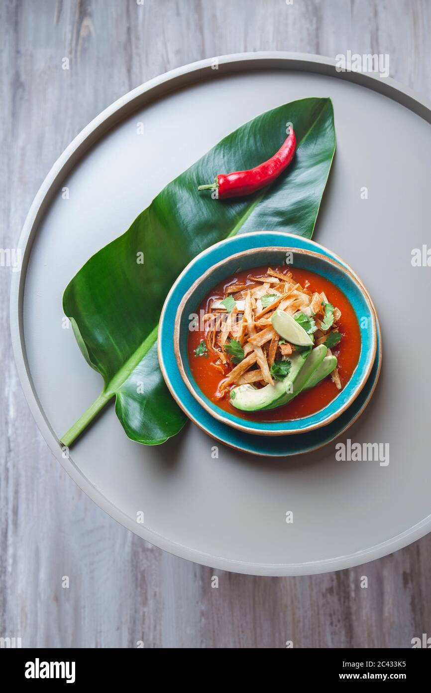 Aztec soup. Top view of mexican fried tortilla soup Sopa Azteca Stock ...