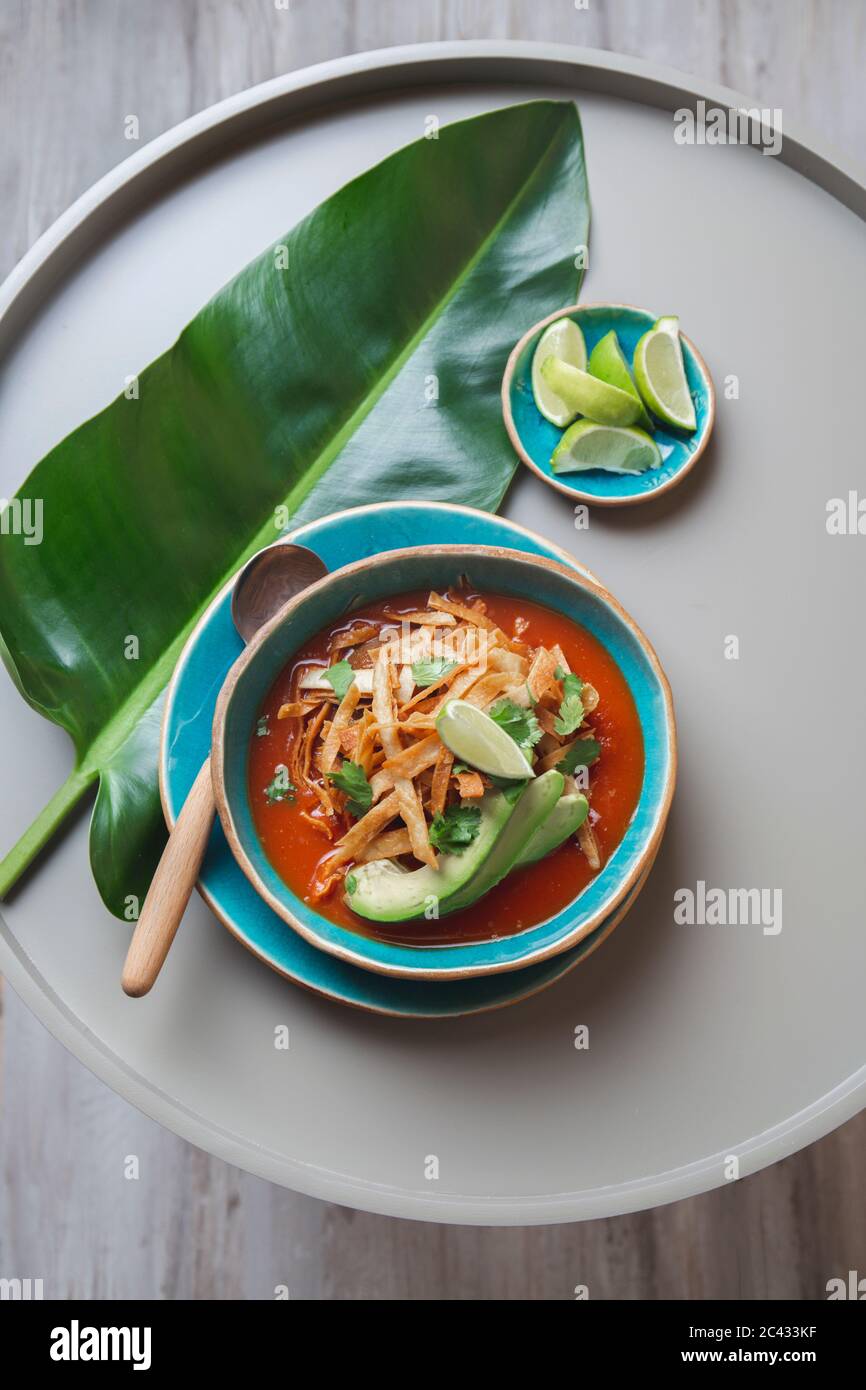 Aztec soup. Top view of mexican fried tortilla soup Sopa Azteca Stock ...