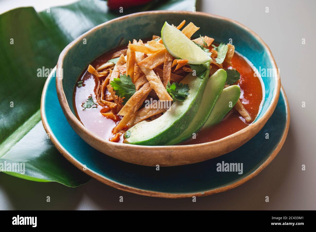 Aztec soup. Close up of mexican fried tortilla soup Sopa Azteca Stock ...