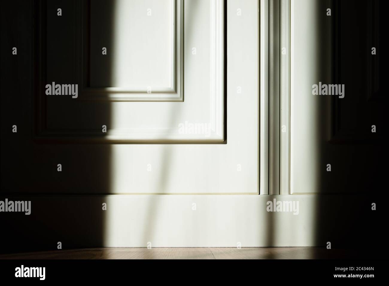 Shadows and sun rays outline a white wooden door with a skilled ...