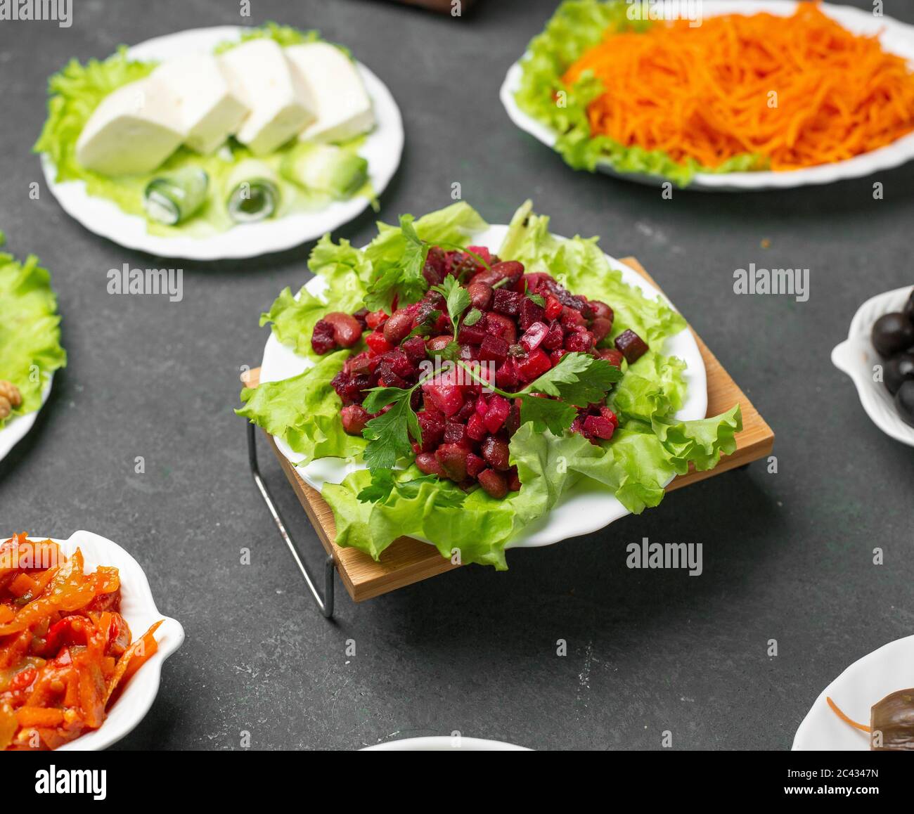 Russian vinegret salad with chopped beatroots on a lettuce leaf Stock ...