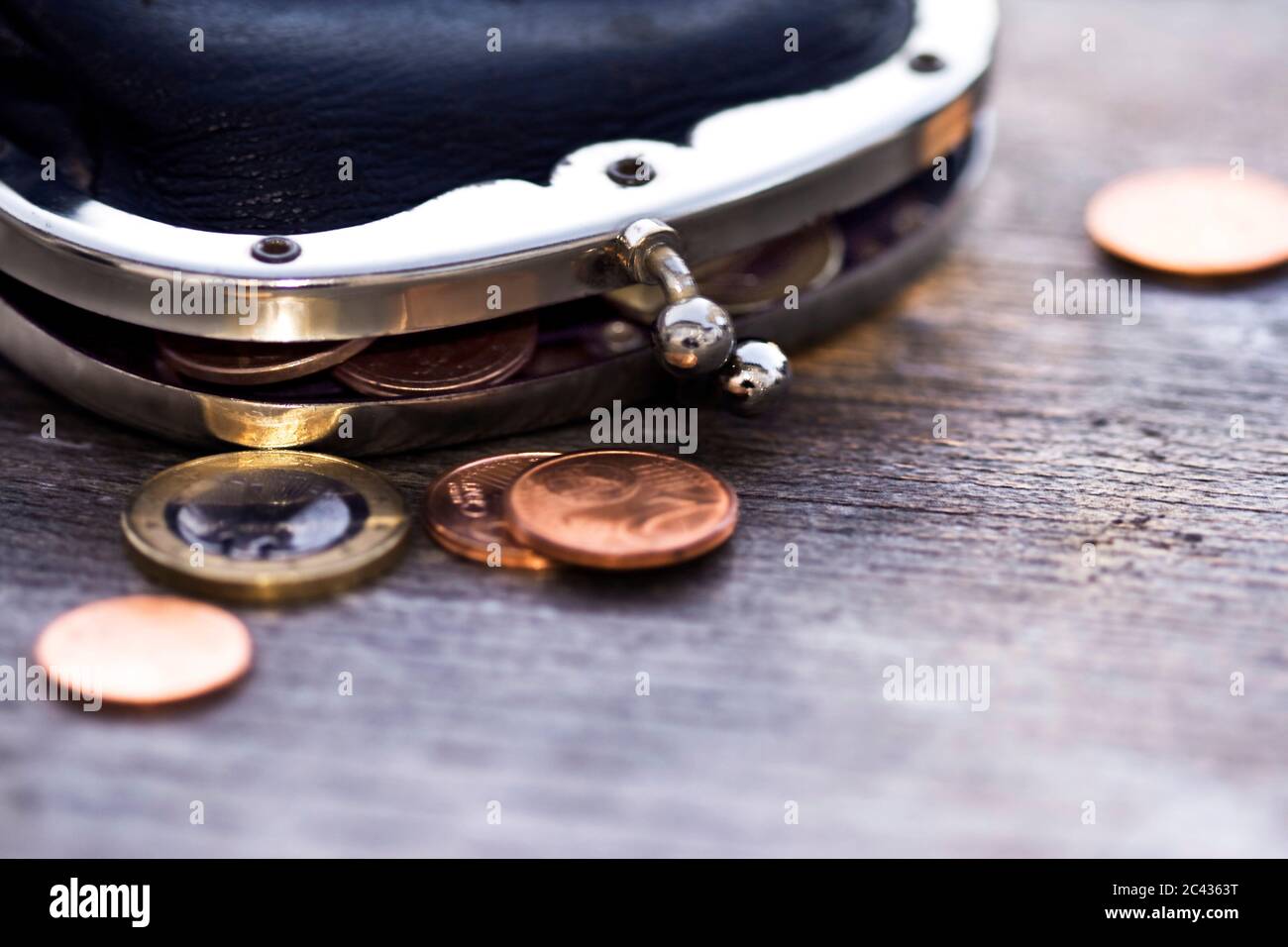 Coins in front of a wallet Stock Photo - Alamy