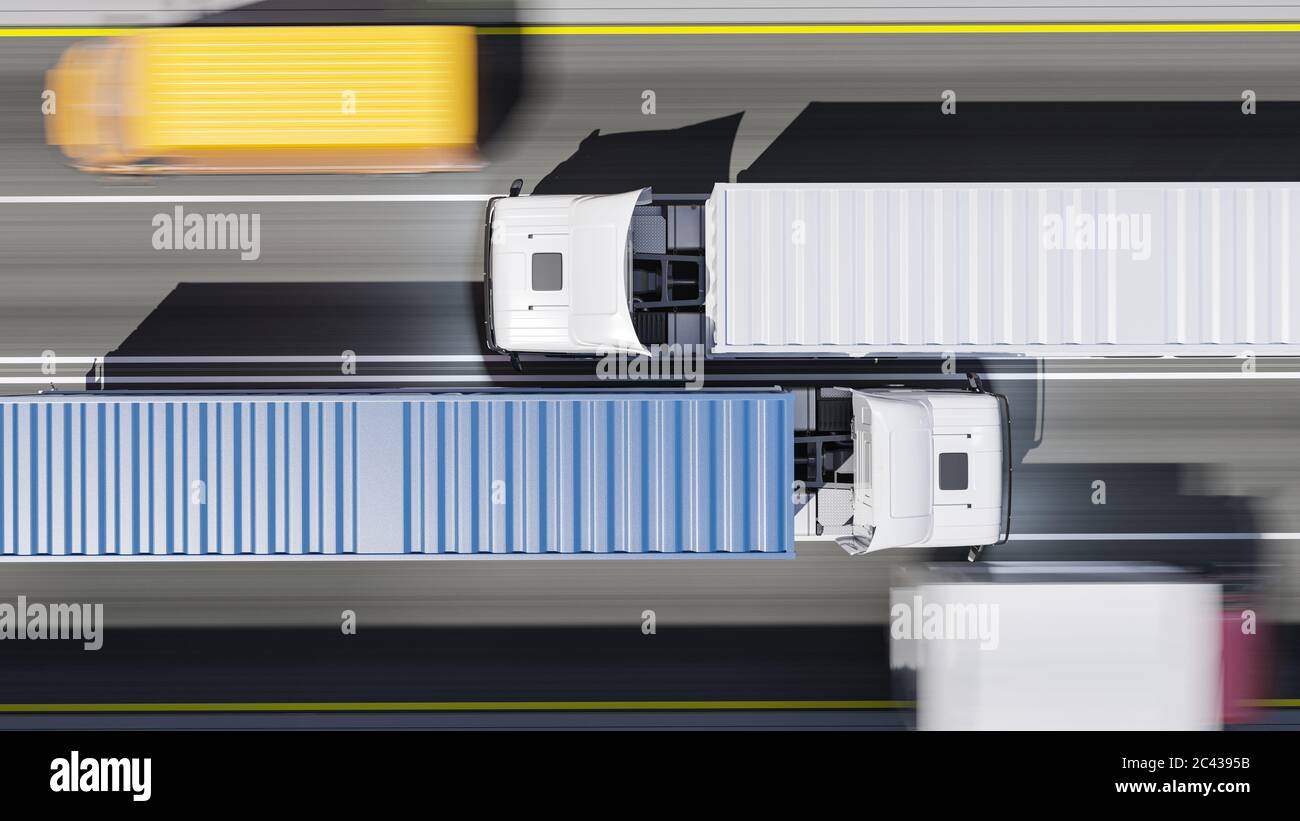 Container Truck Moving on the Road in Daylight 3D Rendering Stock Photo ...