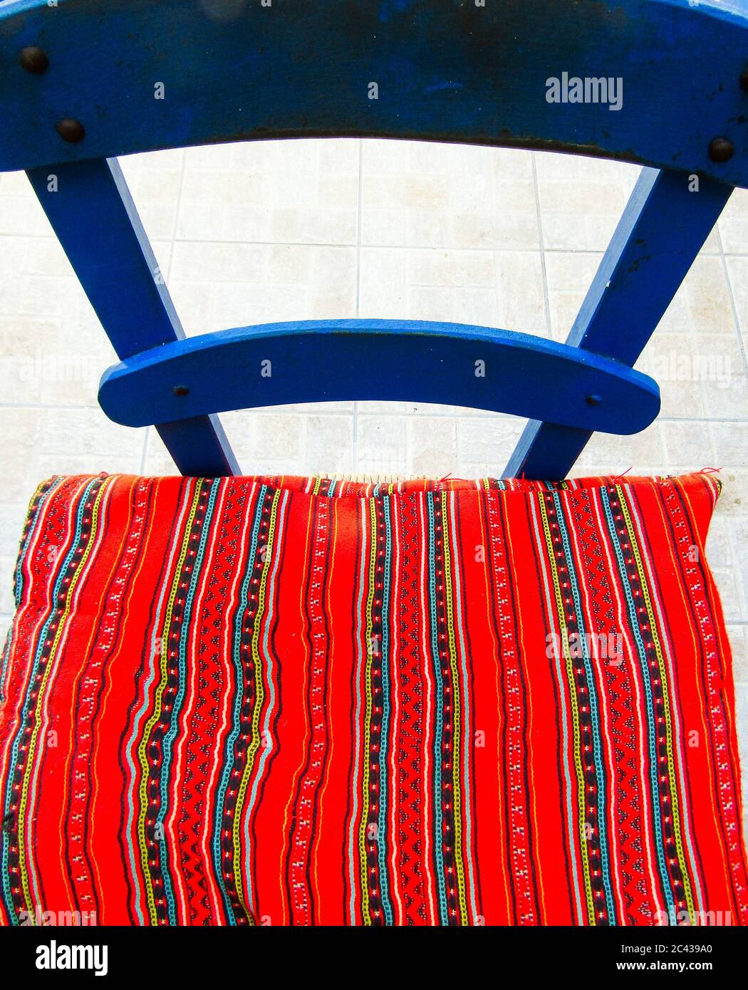 Old Blue Handmade Wicker Chair and Cushion, Crete, Greece Stock Photo ...