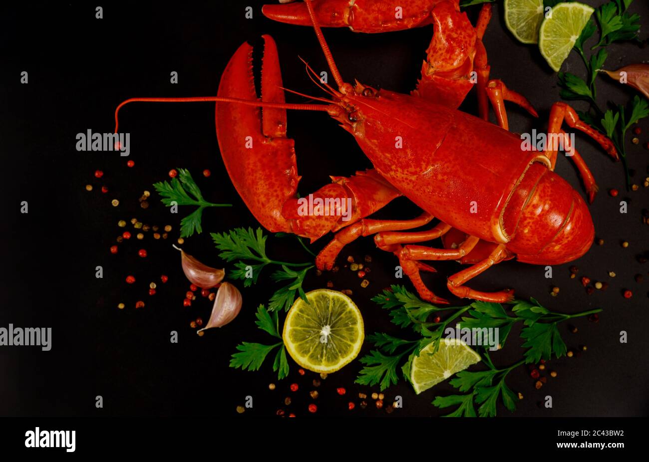 Red ocean lobster on black surface. Top view. Seafood concept Stock ...