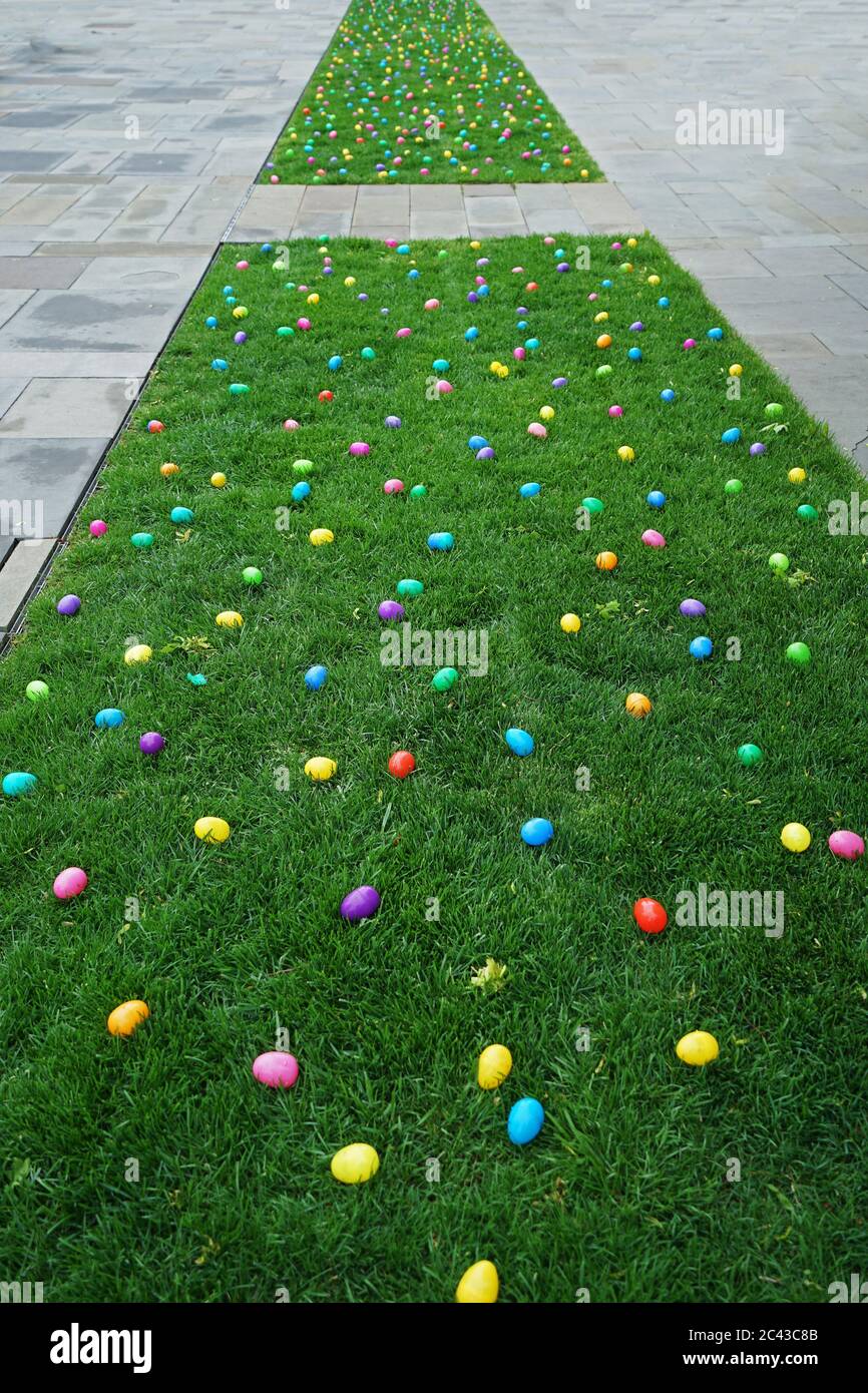 Colorful Easter eggs laying on green grass by the concrete pavement ...