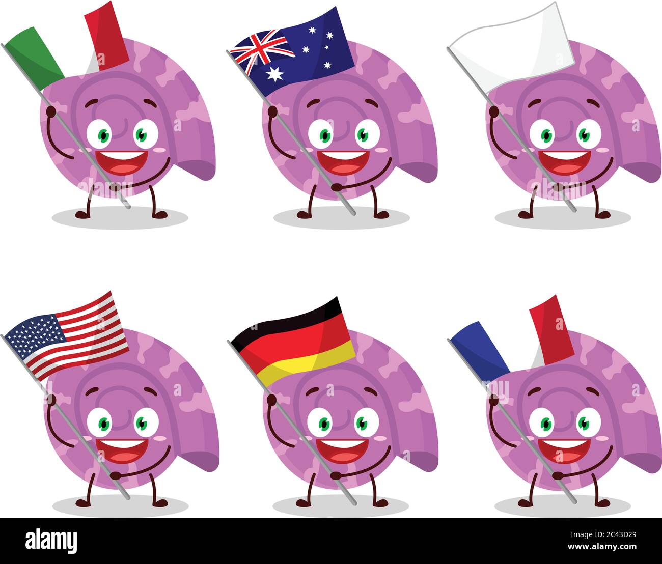 Purple clam cartoon character bring the flags of various countries ...